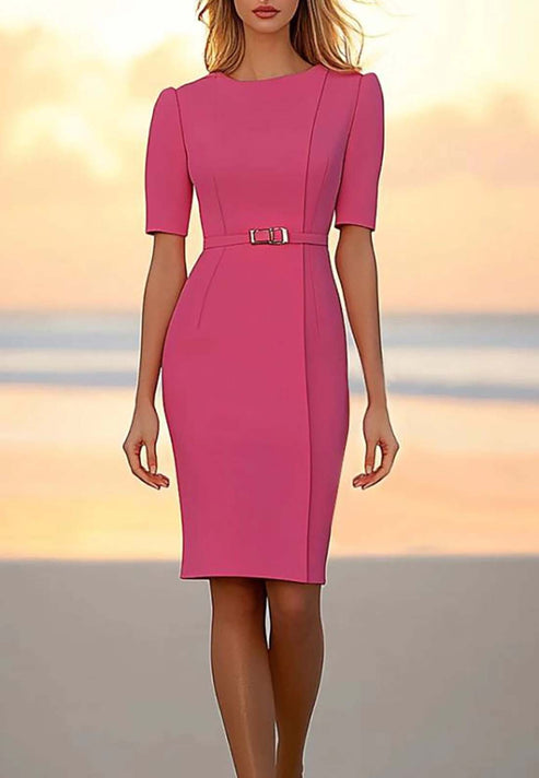 Work Semi-Formal Dress Pink Half Sleeve Round Neck Knee-Length Dress ...